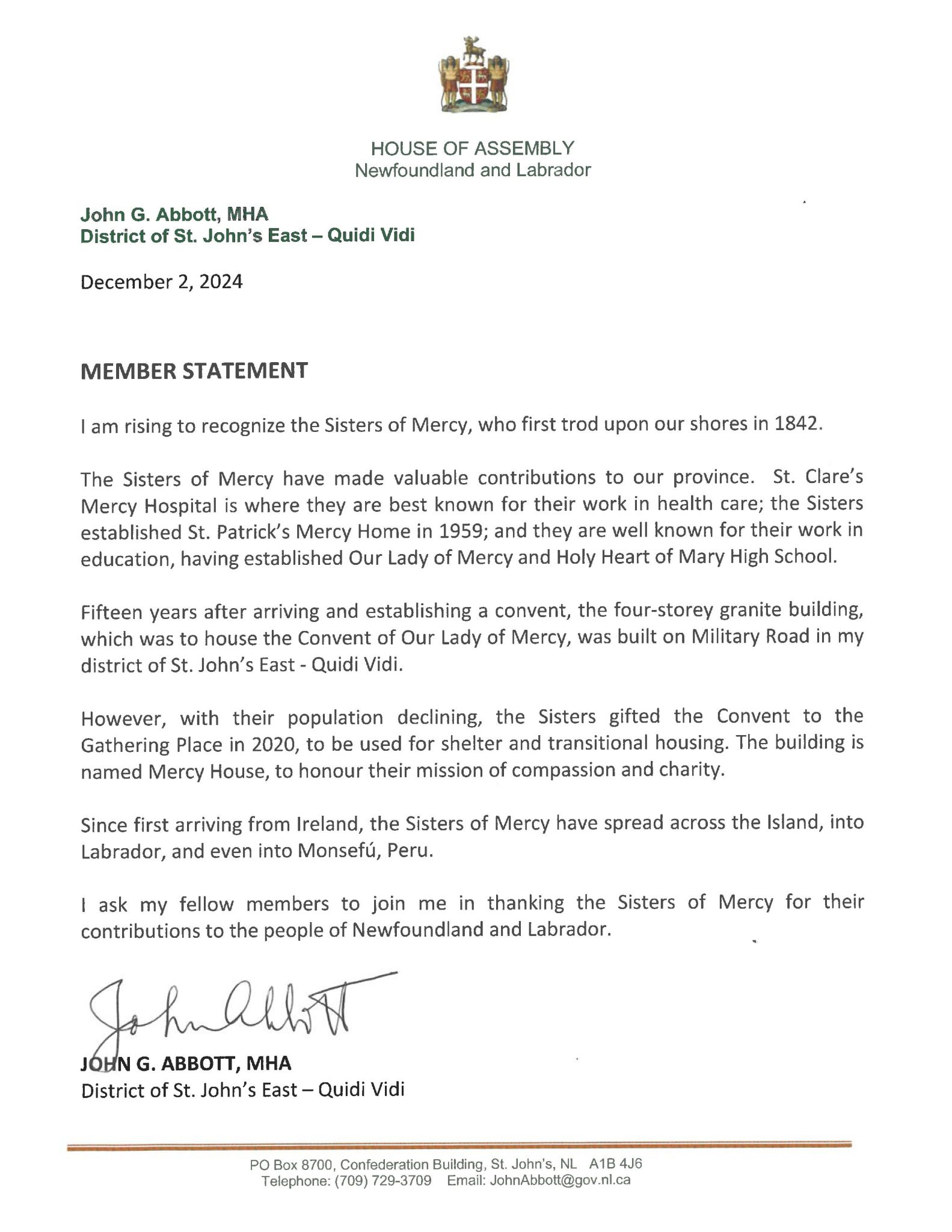 Sisters of Mercy Honored in House of Assembly – Sisters of Mercy of Newfoundland